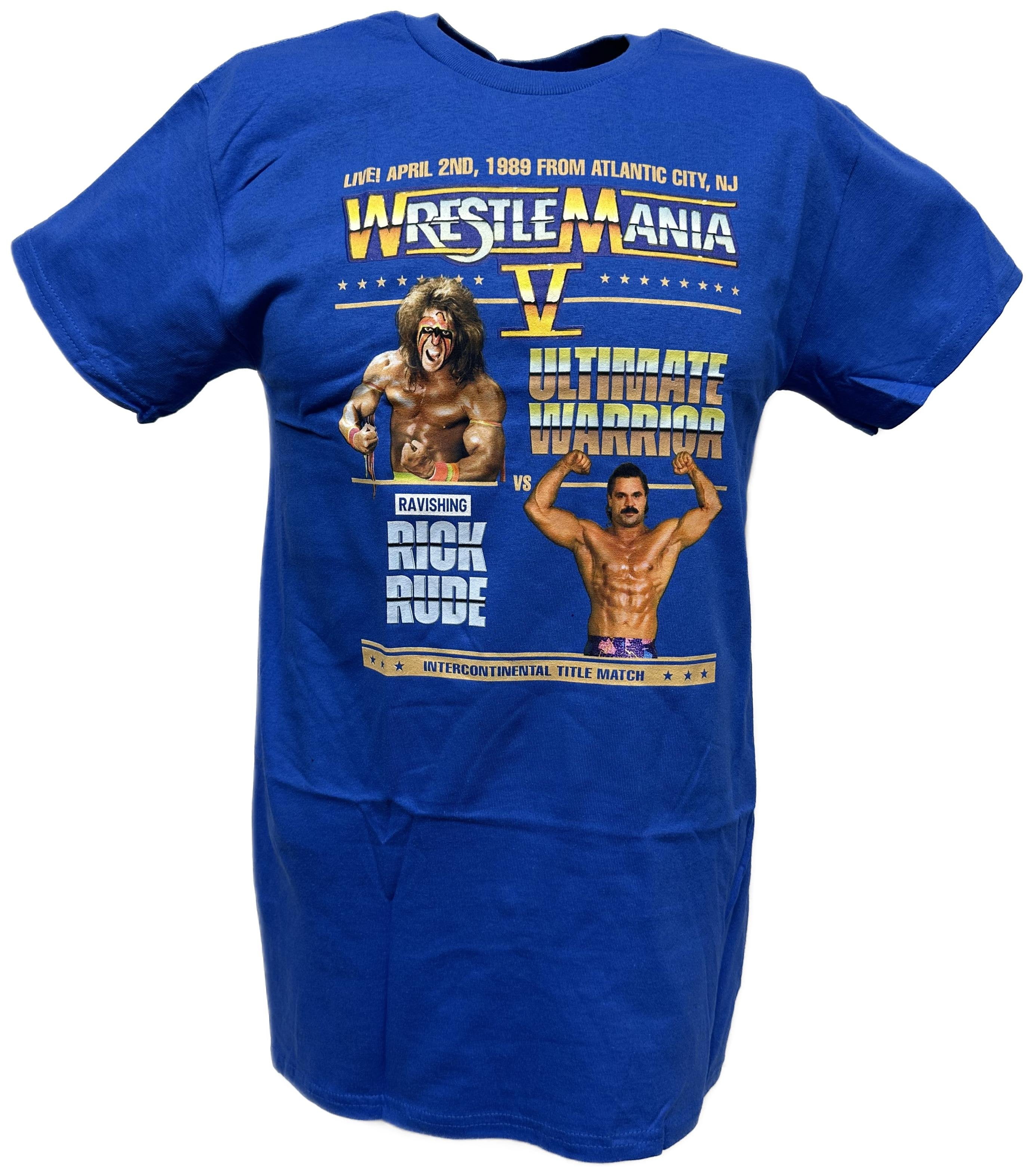 Wrestlemania 5 Ultimate Warrior vs Ravishing Rick Rude WWE Mens Blue T ...