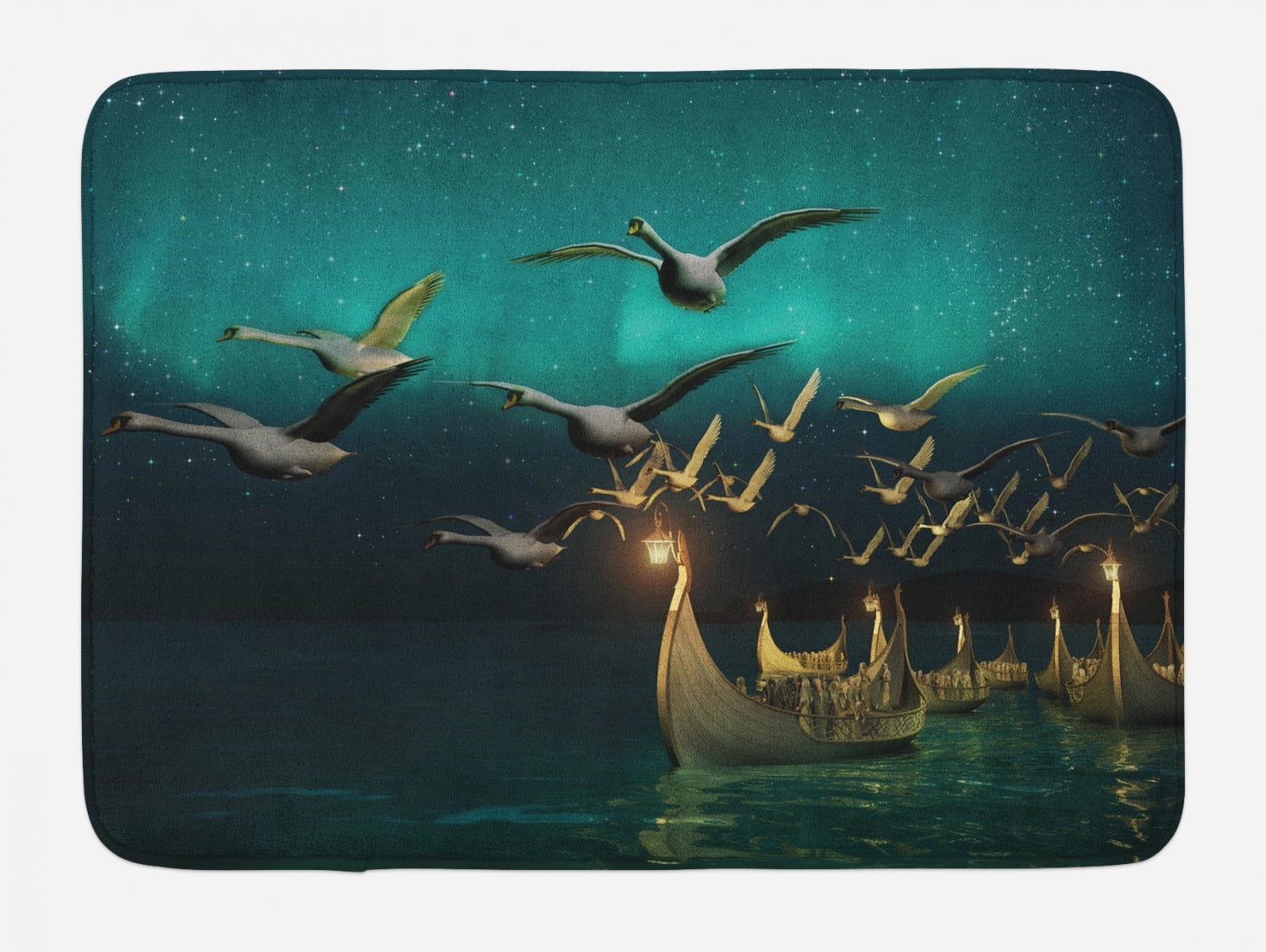 Fantasy Bath Mat, Medieval Elf Boats and Magical Birds Swans Flying ...