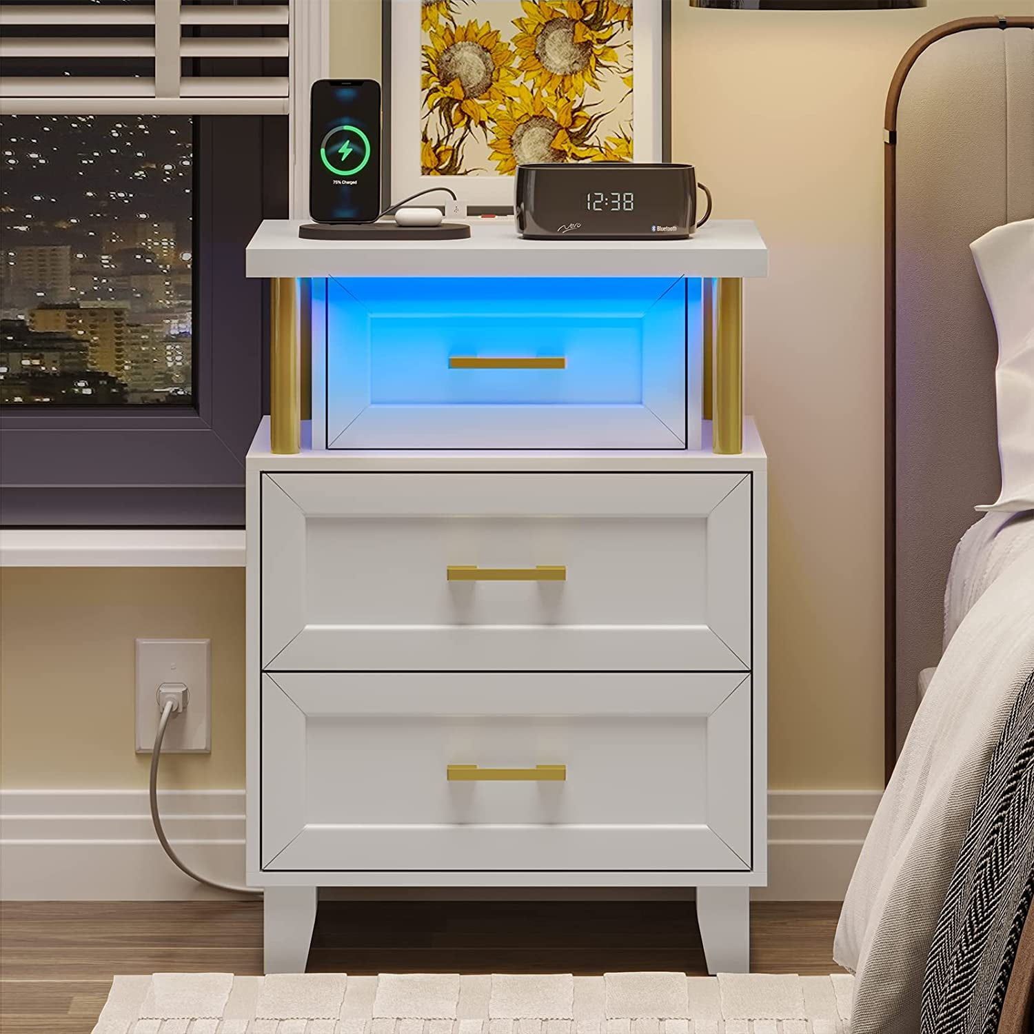 LED Nightstand with Charging Station for Bedroom, Modern Bedside Table ...