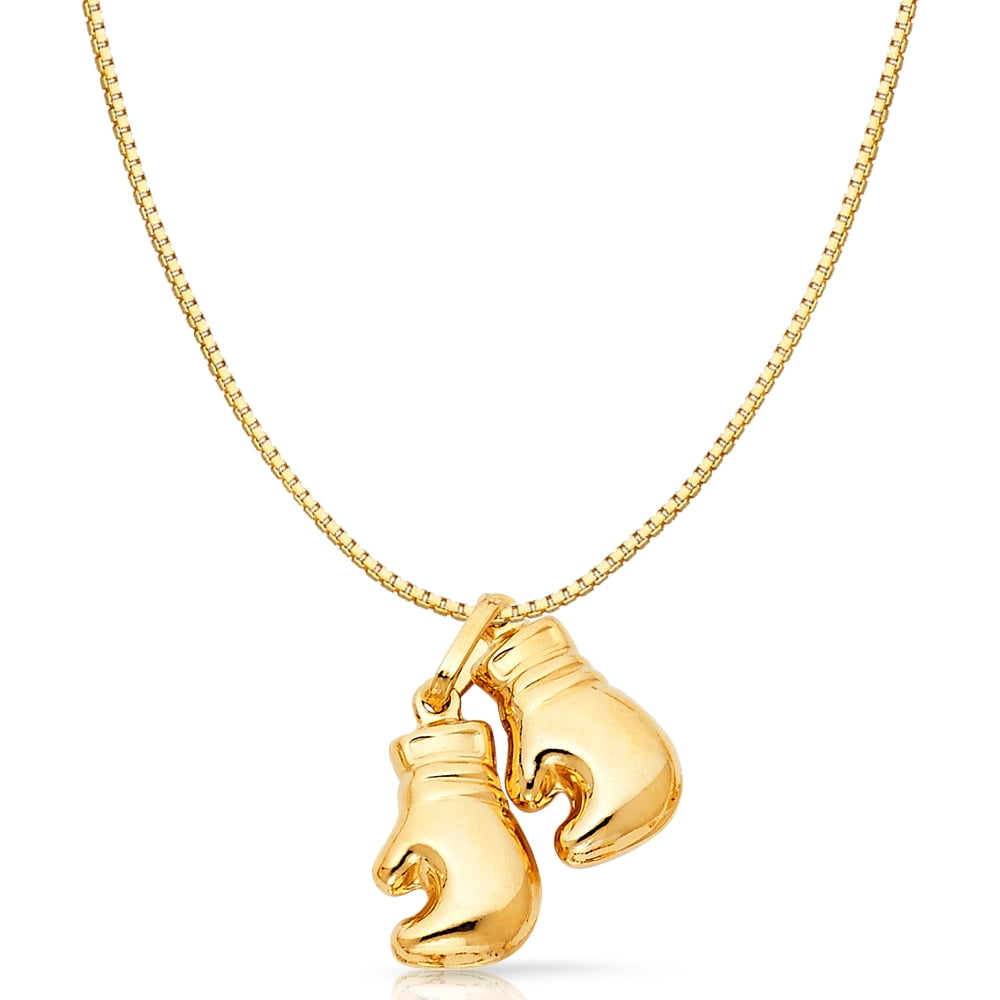 Ioka-14K Yellow Solid Gold Dual Boxing Glove Charm Pendant with 1mm Box Chain Necklace - 20 ...