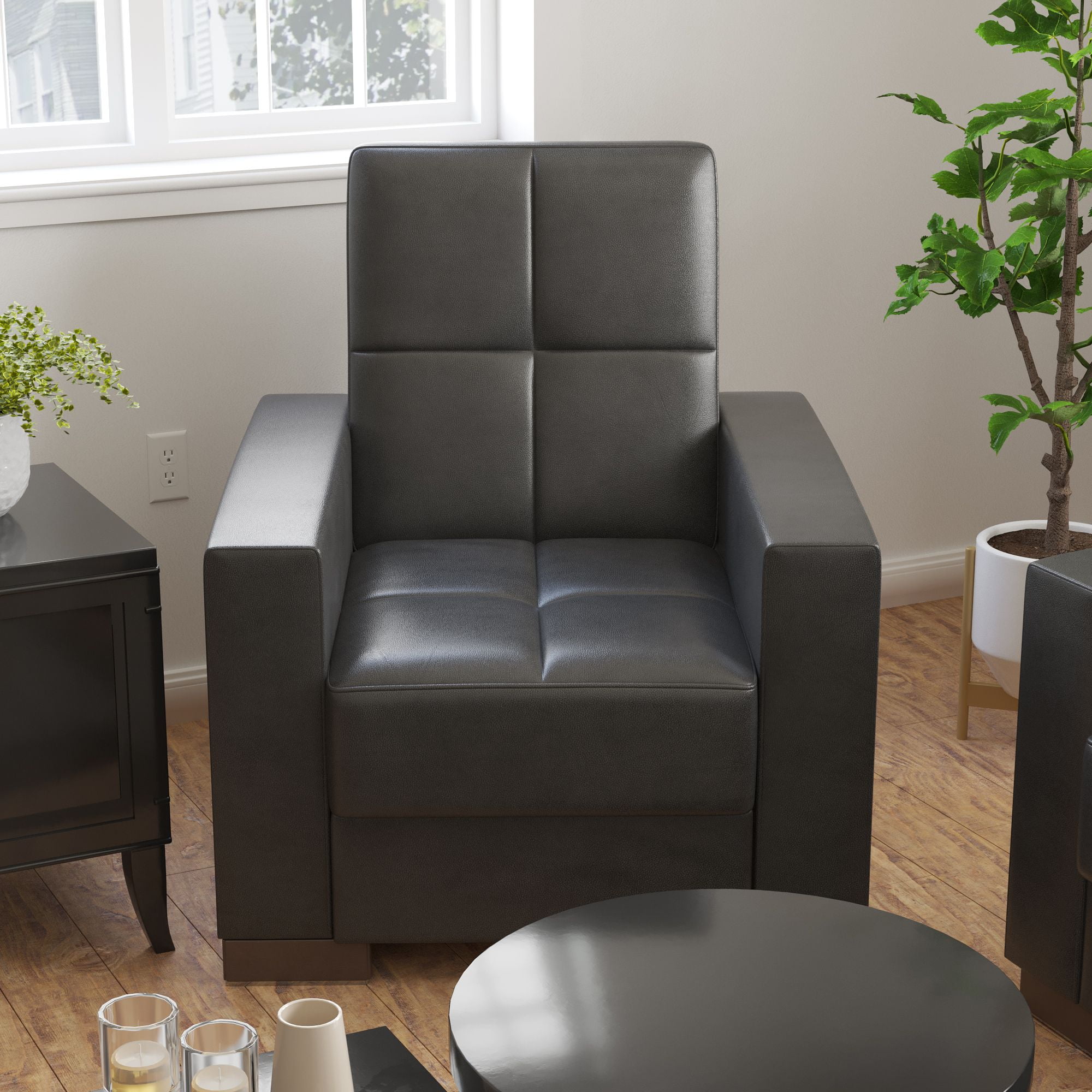 Ottomanson Origins Convertible Arm Chair, Black Leatherette Fabric ...
