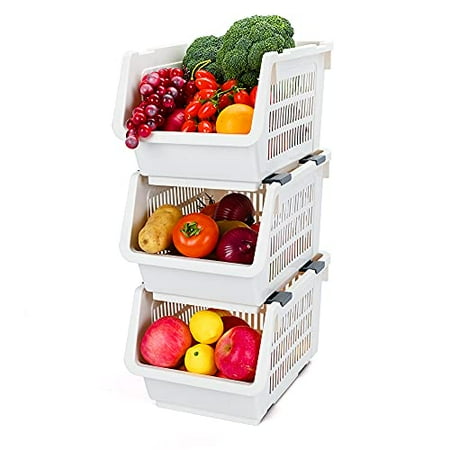 Baffect 3-Pack Stackable Storage Bins Plastic Baskets Rack with Wheels ...