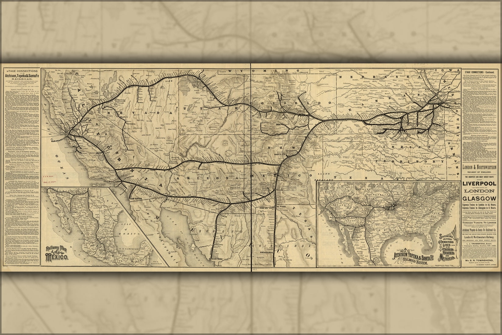 24"x36" Gallery Poster, map of Santa F railroad route 1884 - Walmart.com