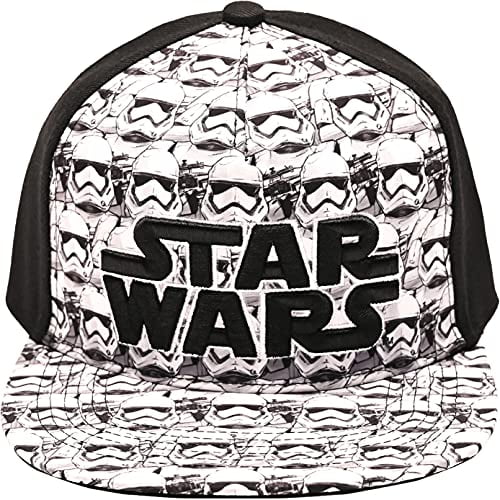 Disney Mens Star Wars Embroidered Logo and Stormtrooper All Over Adjustable Snapback Baseball Hat with Flat Brim Black White One Size Black One