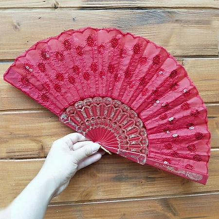 Xizioo Plastic Color Bone Color Face Embroidered Sequin Fan, Red ...