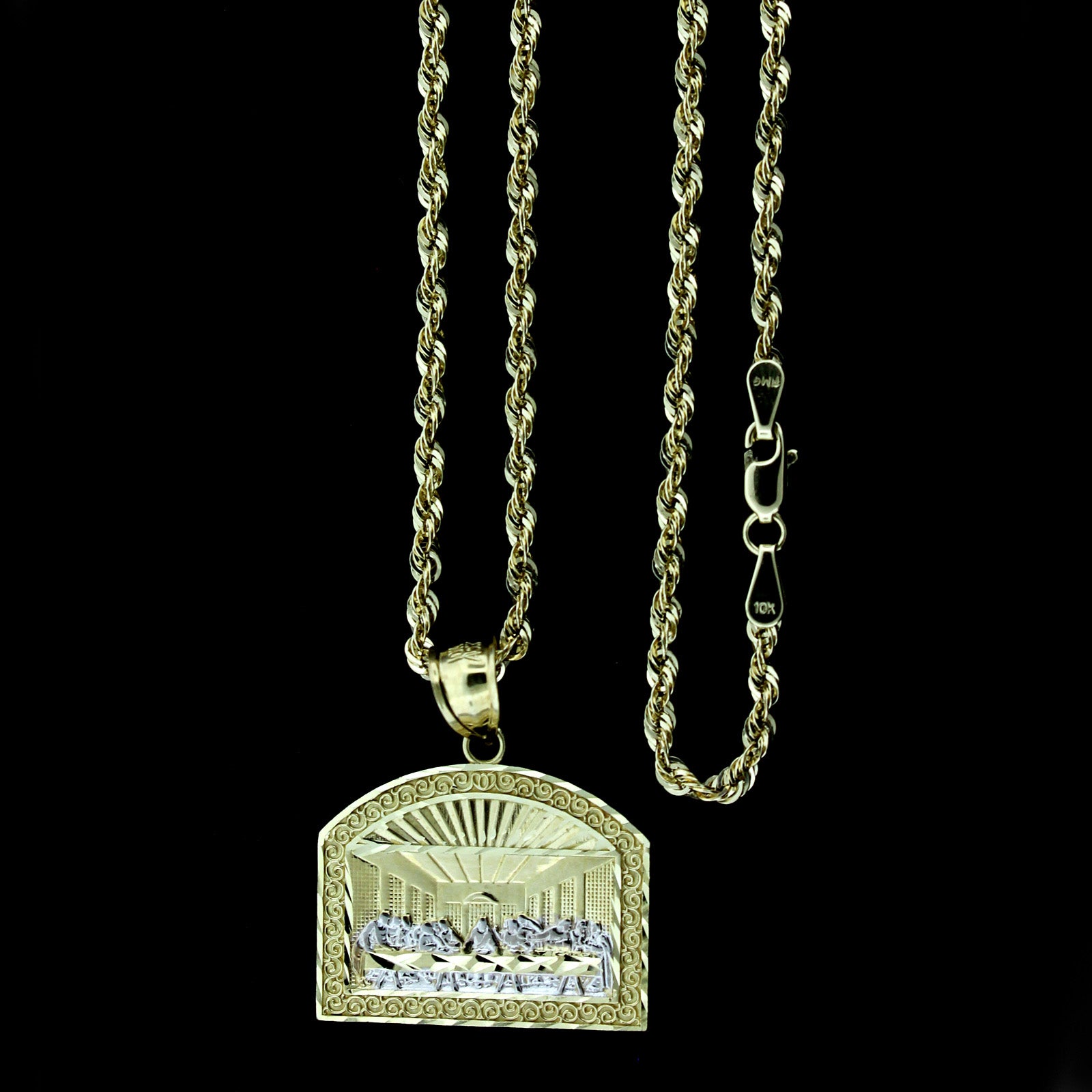 Mens 10K Yellow Gold Last Supper Jesus Charm Pendant & 2.5mm Rope Chain ...