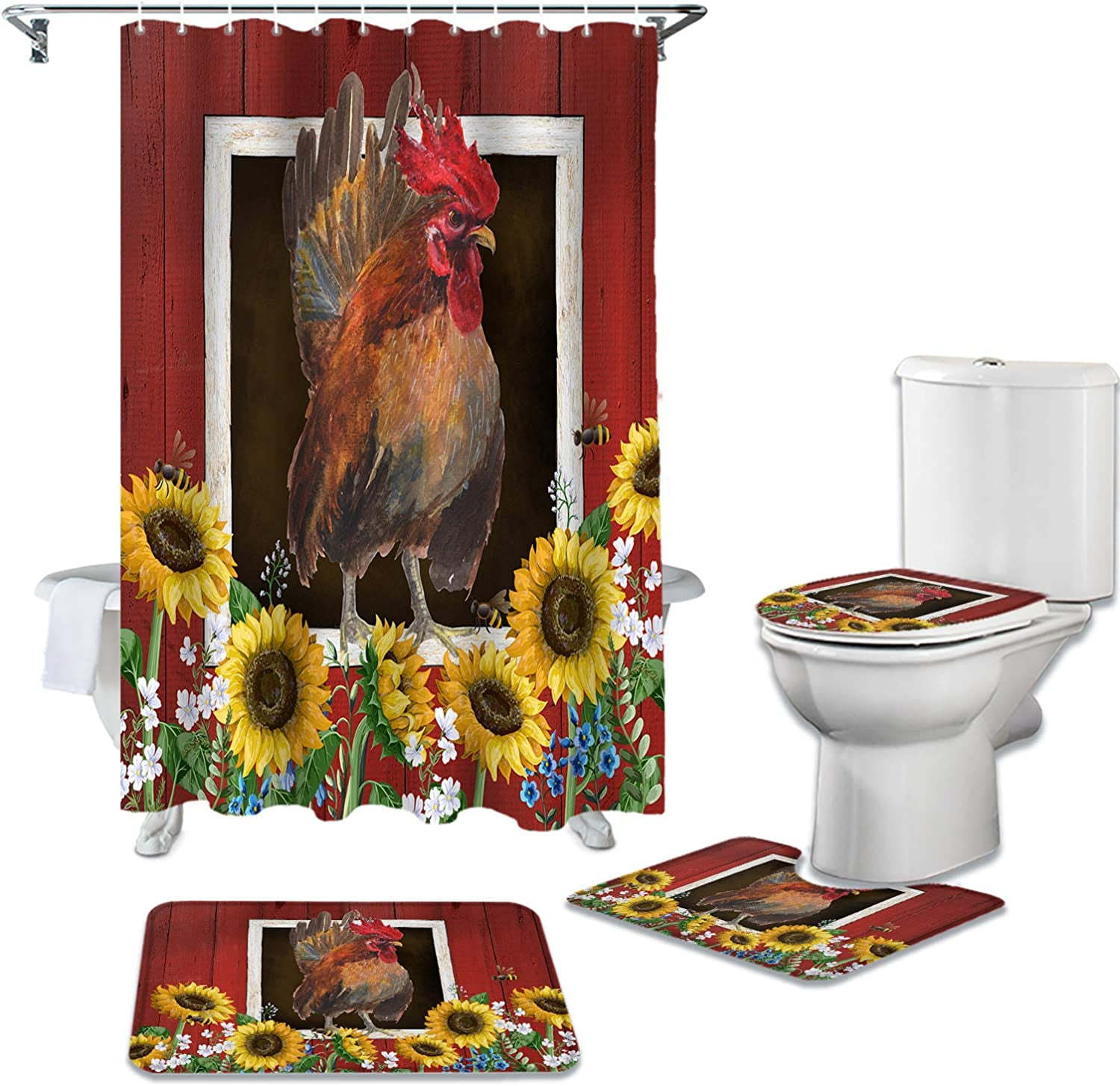 KXMDXA Farm Rooster Stand on Wood Barn Window 4 Piece Bathroom Set ...