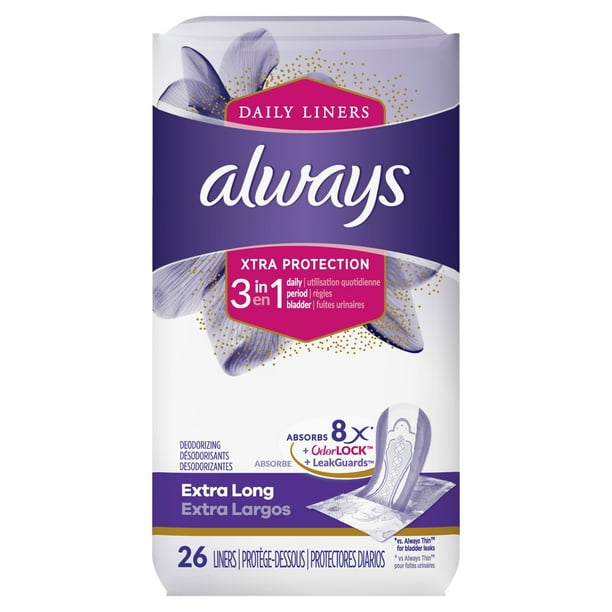 Always Xtra Protection 3-in-1 Daily Liners Extra Long, Unscented, 26 ct ...