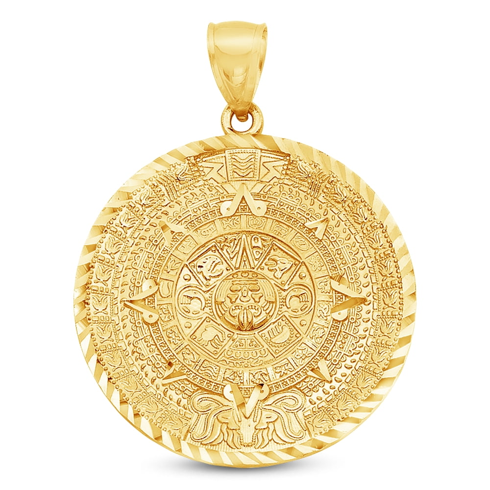 14K Yellow Gold Diamond-Cut Ornate Aztec Calander Azteca Pendant Charm ...