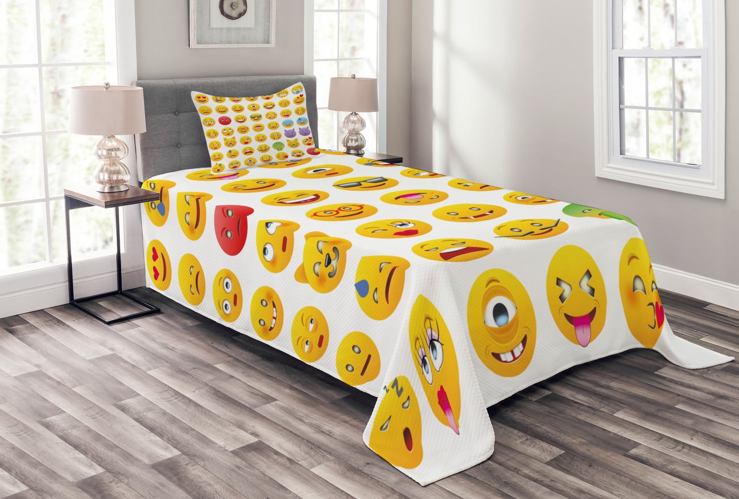 Emoji Bedspread Set Twin Size, Cartoon Like Smiley Faces of Mosters ...