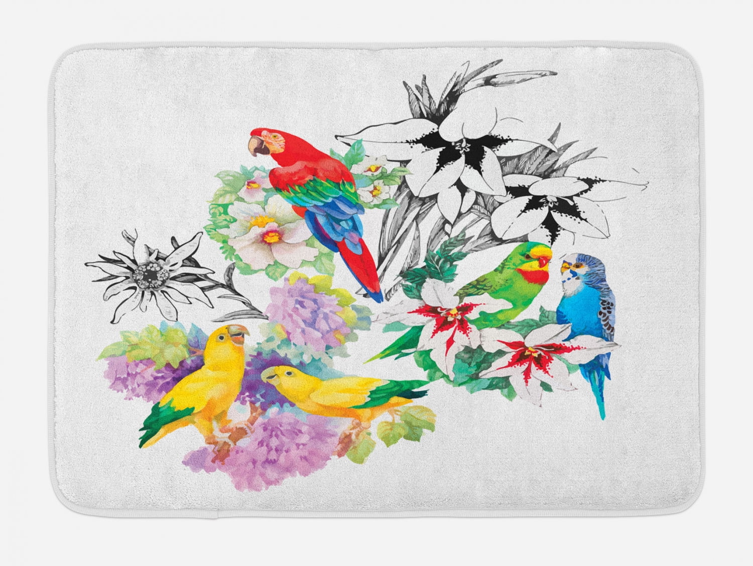 Parrot Bath Mat, Parrots Observing the World on Top of Floral Foliage ...
