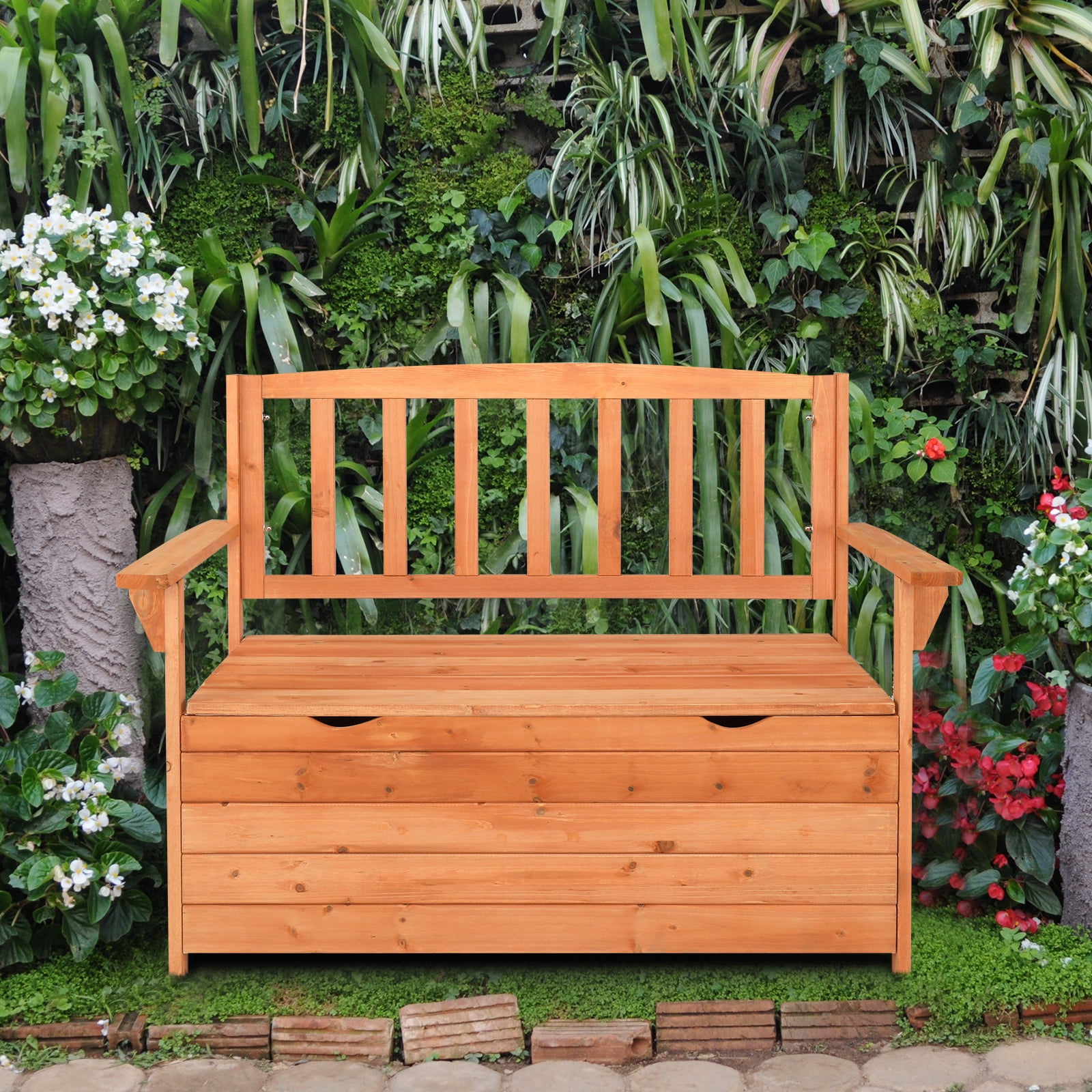 SamyoHome 40'' Garden Bench Storage Deck Box Wood Seating w/ Backrest ...