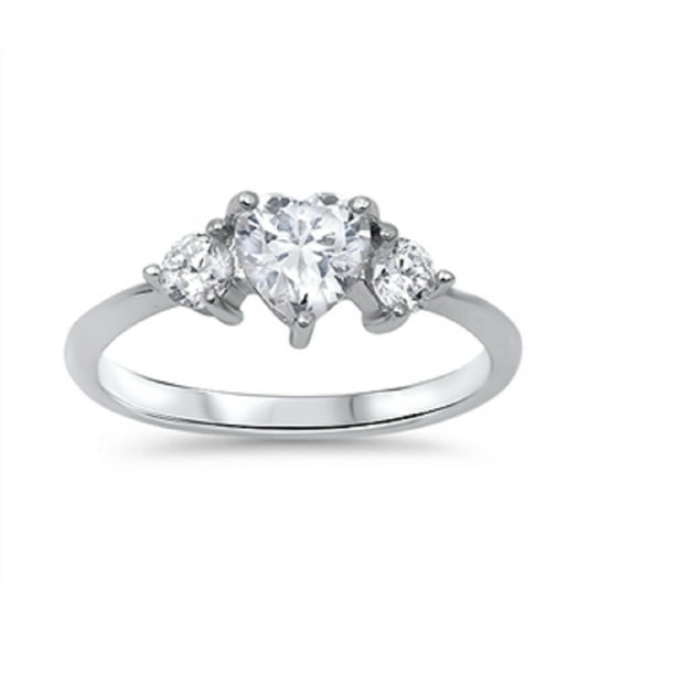 All in Stock - Three Stones Heart Center Cubic Zirconia Ring Sterling ...