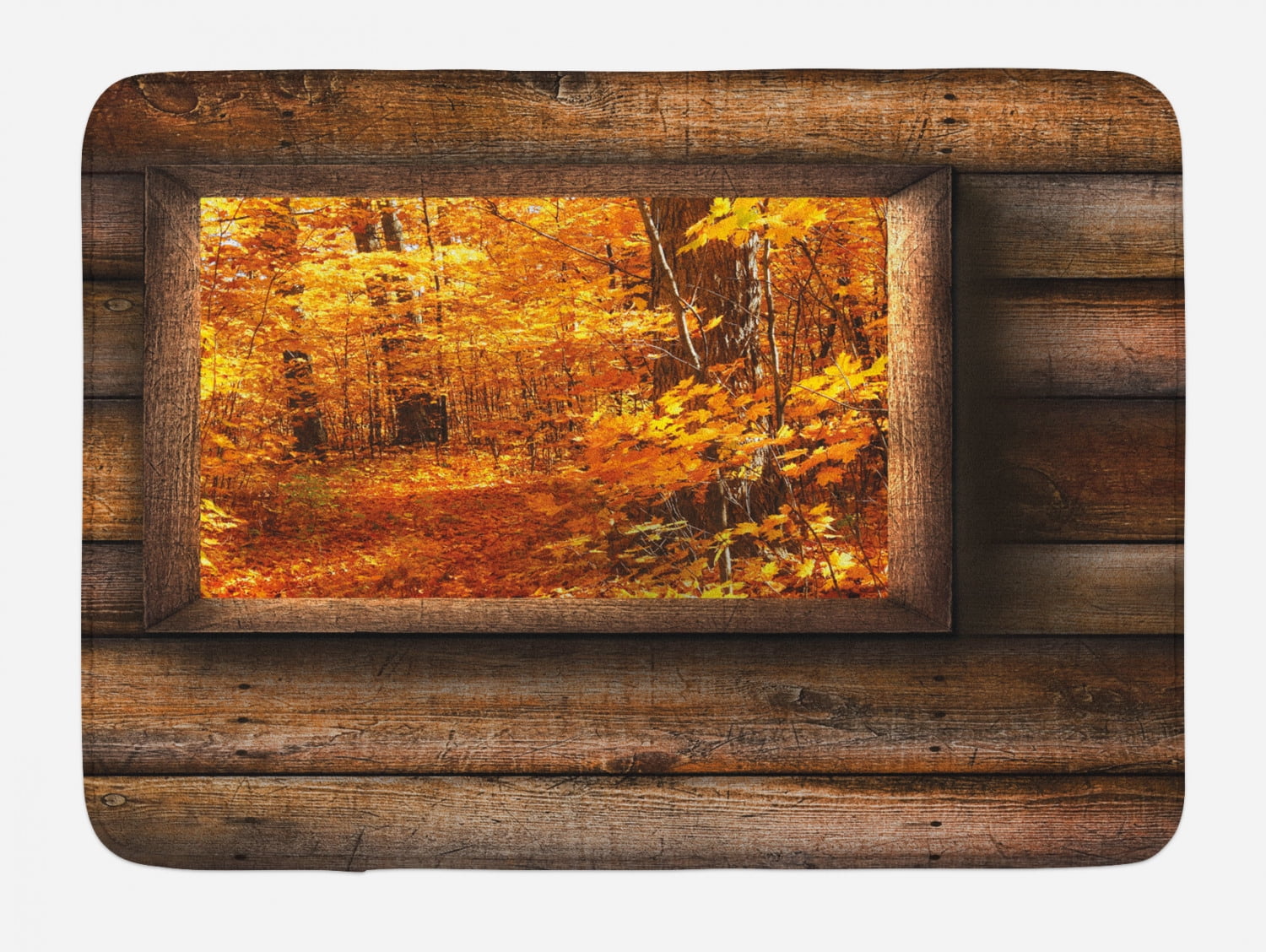 Fall Bath Mat, Fall Foliage View from Square Shaped Wooden Window ...