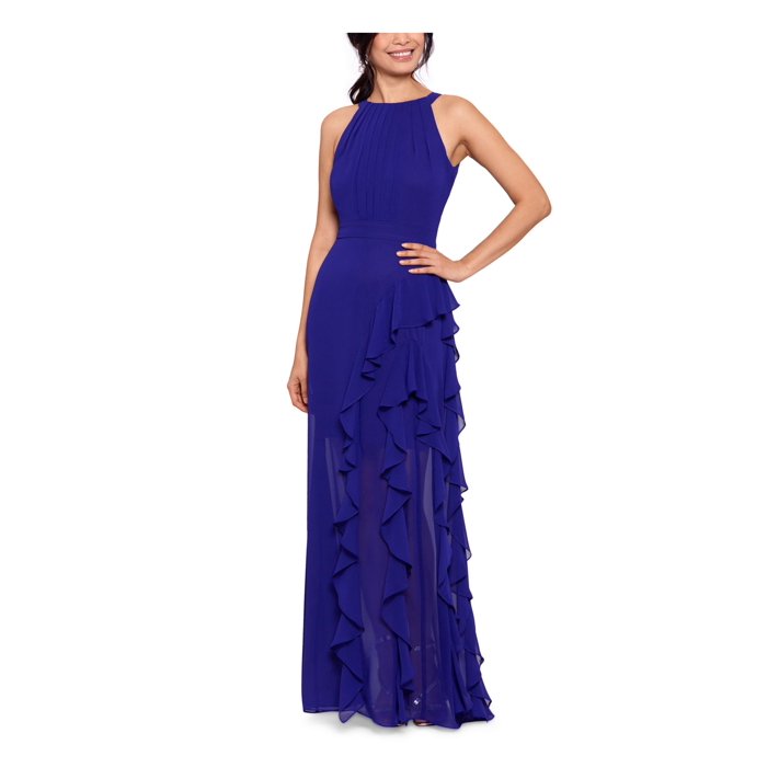 Betsy And Adam Womens Blue Zippered Ruffled Tie Back Front Slit Lined