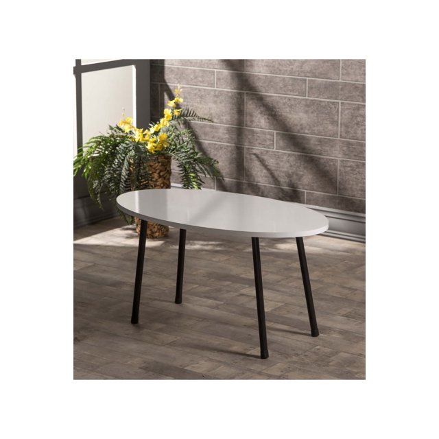White Oval Coffee Table with Black Metal Legs,Modern Style Coffee Table ...