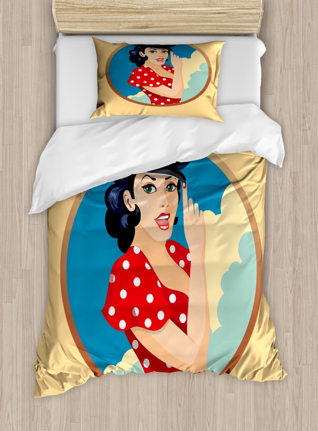 Pin up Girl Twin Size Duvet Cover Set, Hand Drawn Illustration of a ...