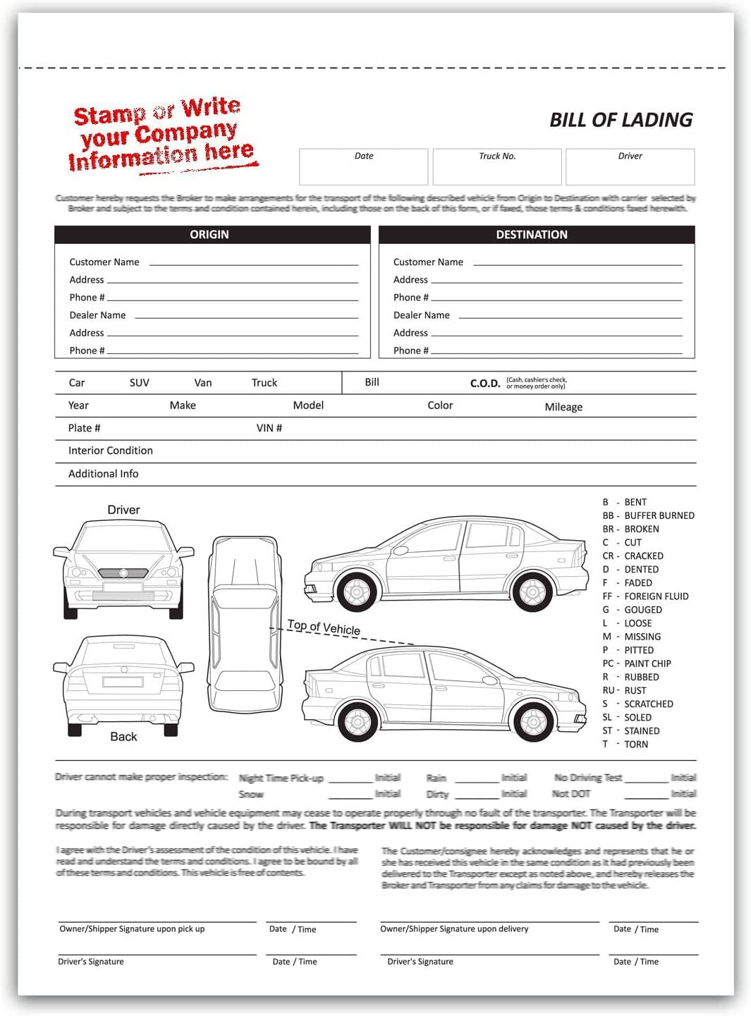 Vehicle Transport Bill of Lading BOL Form, 3 Part Carbonless 100 Sets ...