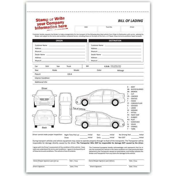 Vehicle Transport Bill of Lading BOL Form, 3 Part Carbonless 100 Sets ...