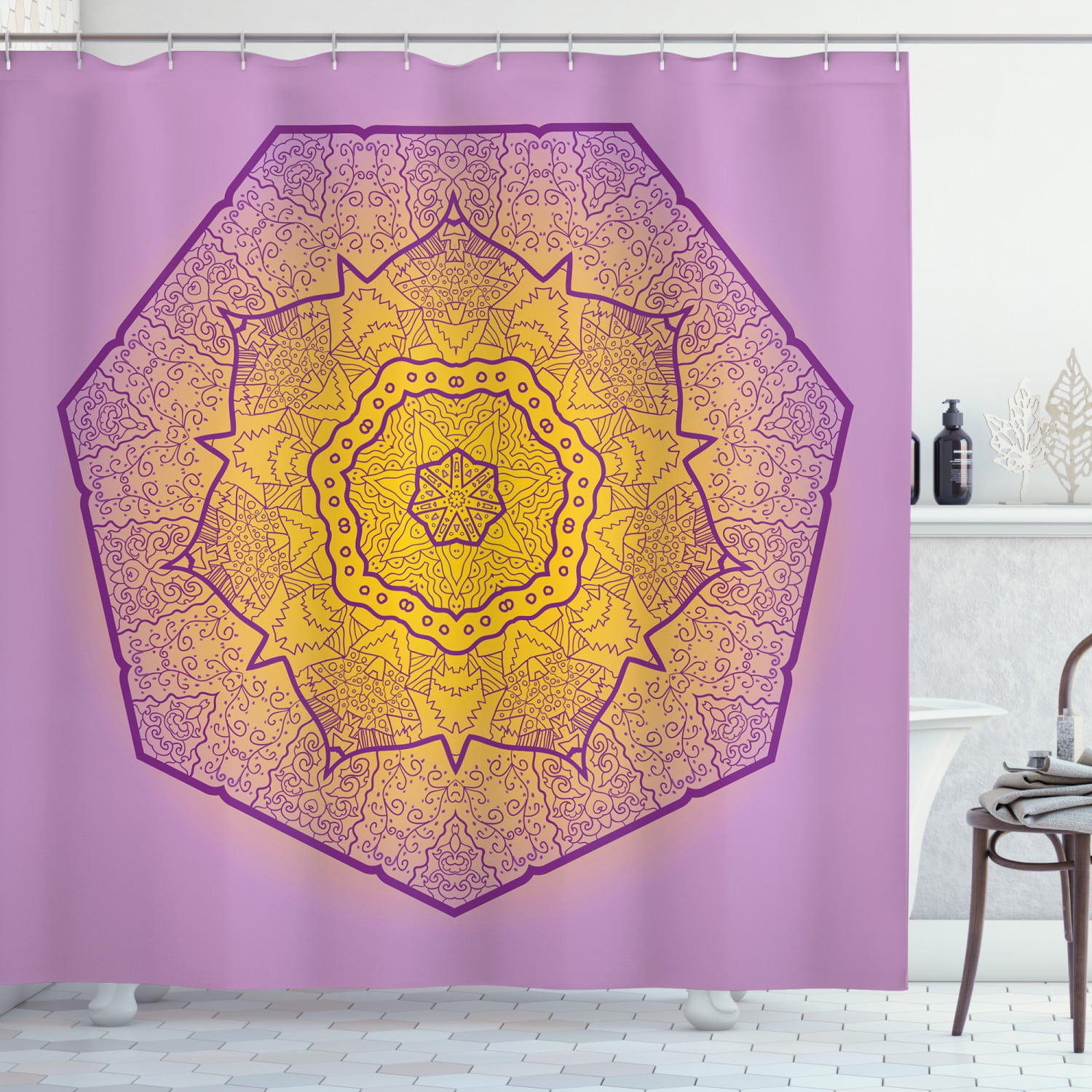 Mandala Shower Curtain Oriental Heptagon With Floral Elements And