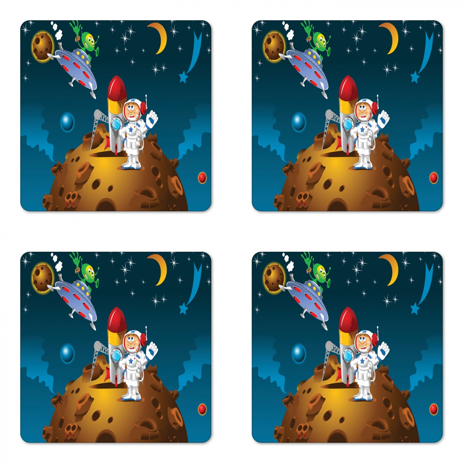 Cartoon Coaster Set of 4, Human and Alien Friendship Hanging on Pluto ...