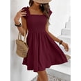 Burgundy Womens Solid Boat Neck Ruffled Cap Sleeve Smocked Waist A-Line ...