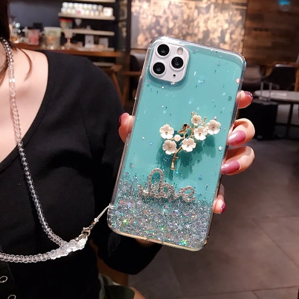 Funda de teléfono con cordón de cristal para IPhone, flores 3D, funda ...