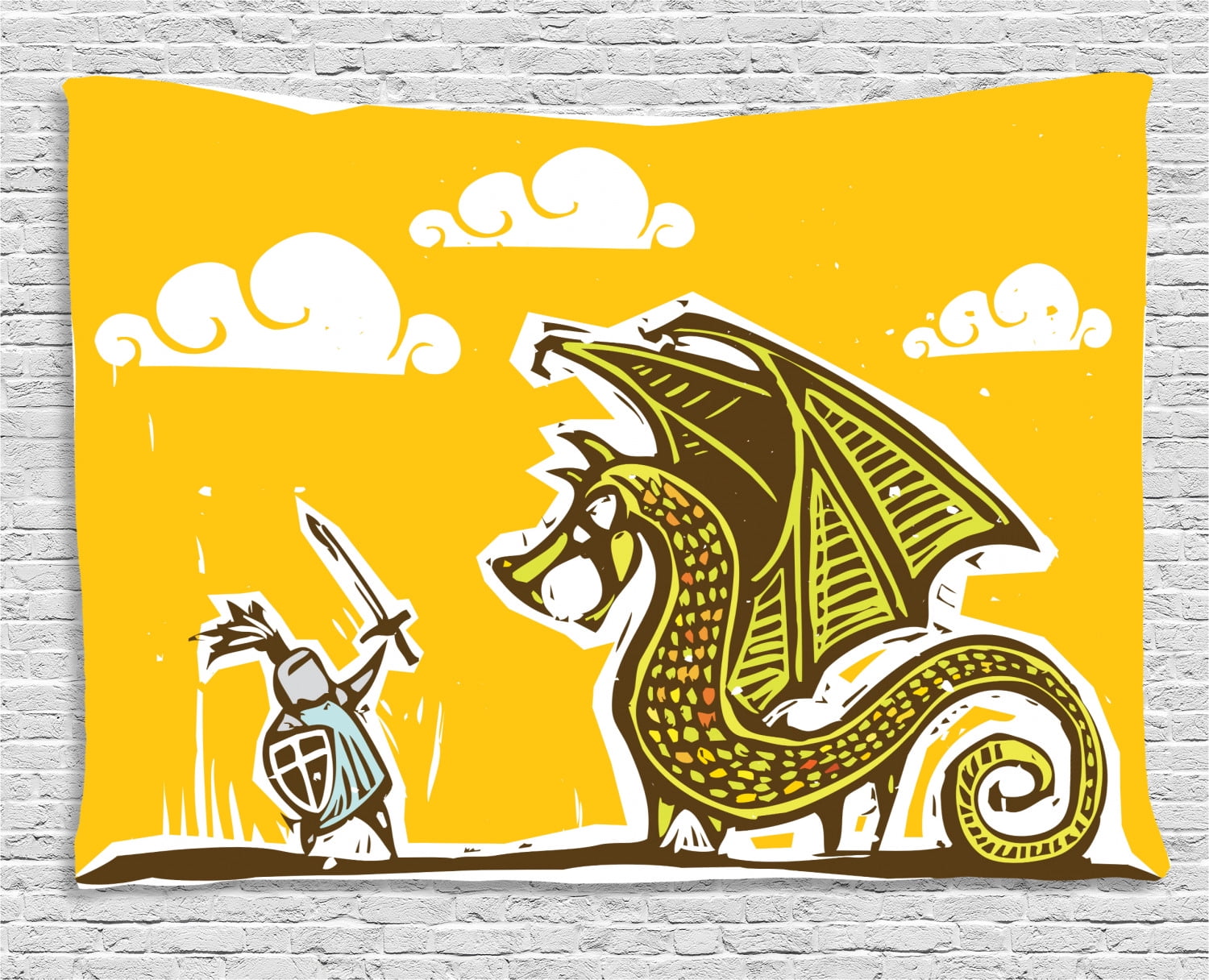 Dragon Decor Tapestry, Brave Knight with Sword and Shield in Steel ...