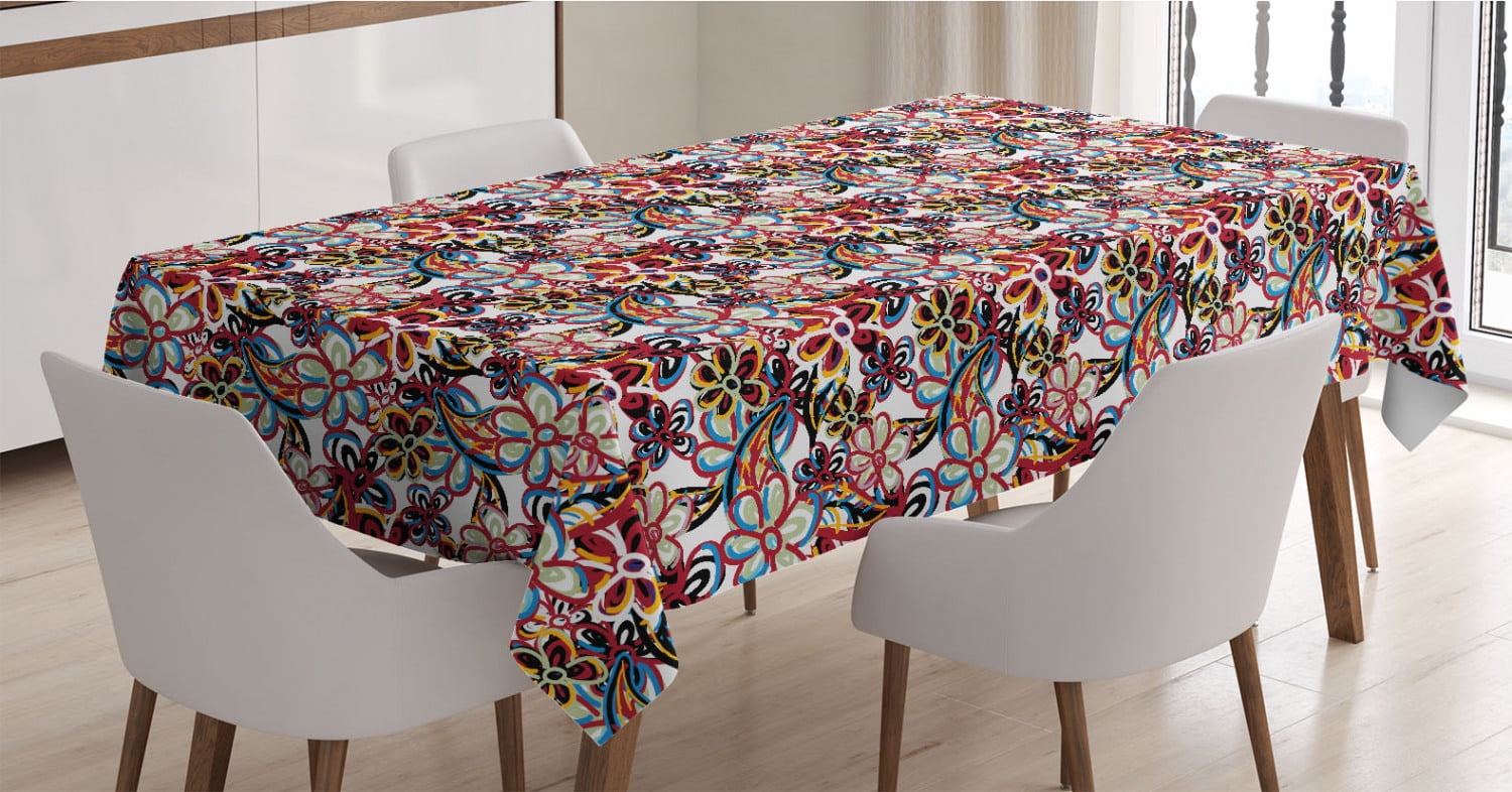 Colorful Tablecloth, Cartoon Style Nature Depiction with Abstract ...