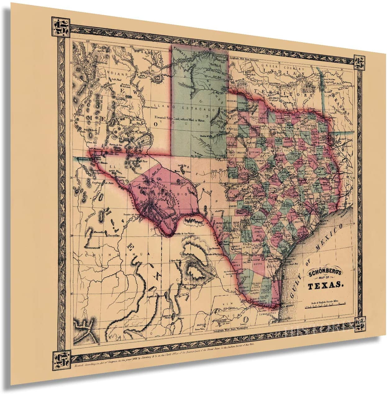 1866 Texas Map Poster - Vintage Texas Map - Texas Map Wall Art - Old ...