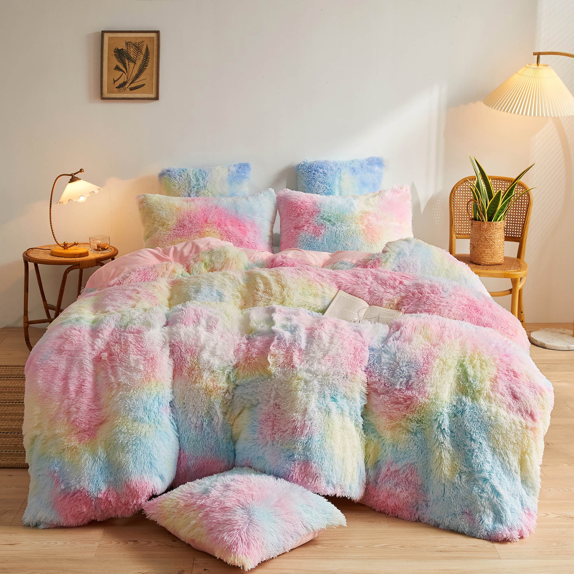 Xege Tie Dye Plush Shaggy Duvet Cover Set 3 Pieces Soft Velvet Fluffy
