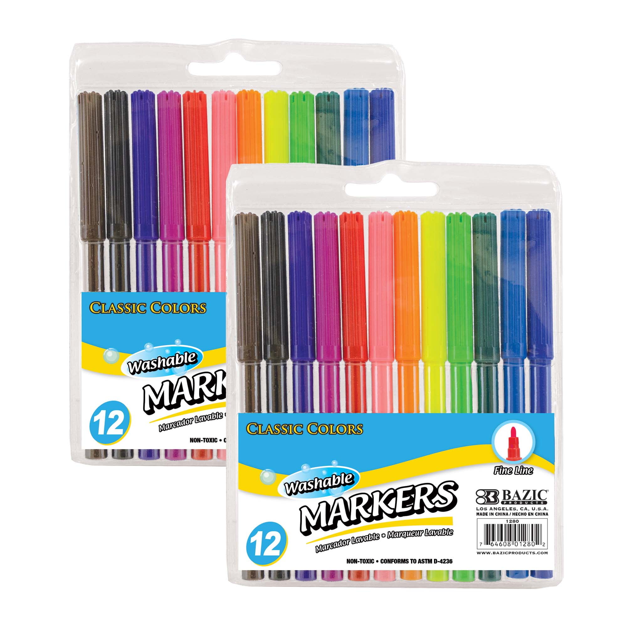 BAZIC Washable Markers Fine Line 12 Color Coloring Marker (12/Pack), 2 ...