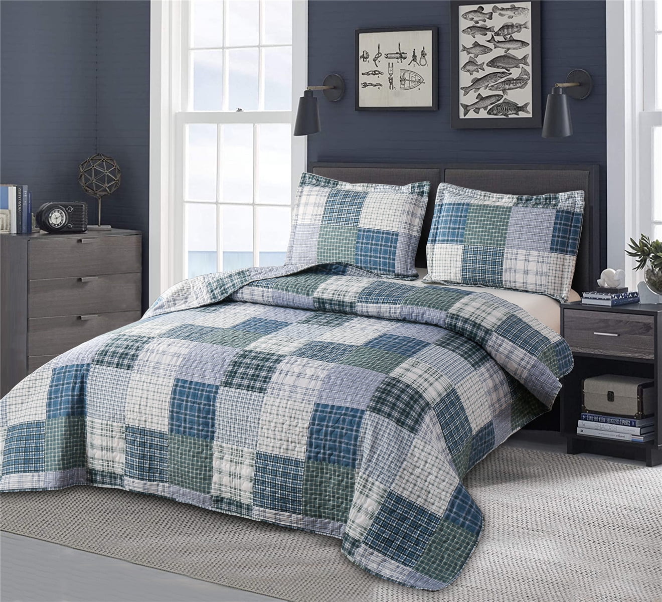 ARL HOME Quilt Set Queen/Full Size Line Stripe Plaid Bedding Reversible ...