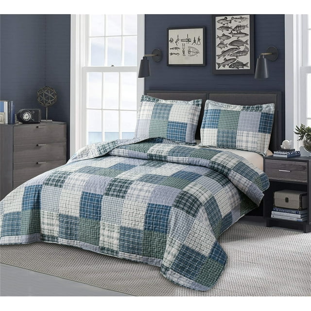 ARL HOME Quilt Set Queen/Full Size Line Stripe Plaid Bedding Reversible ...
