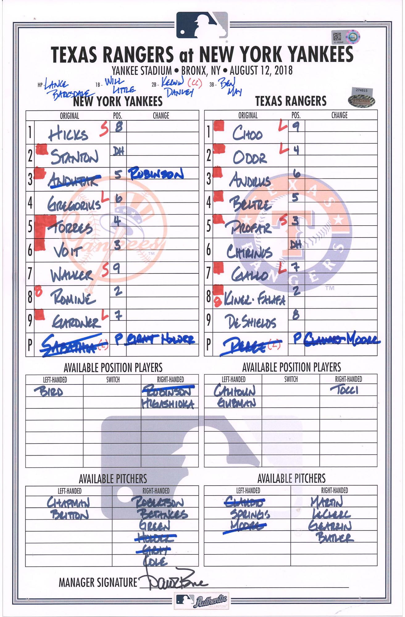 New York Yankees Game-Used Lineup Card vs. Texas Rangers on August 12 ...