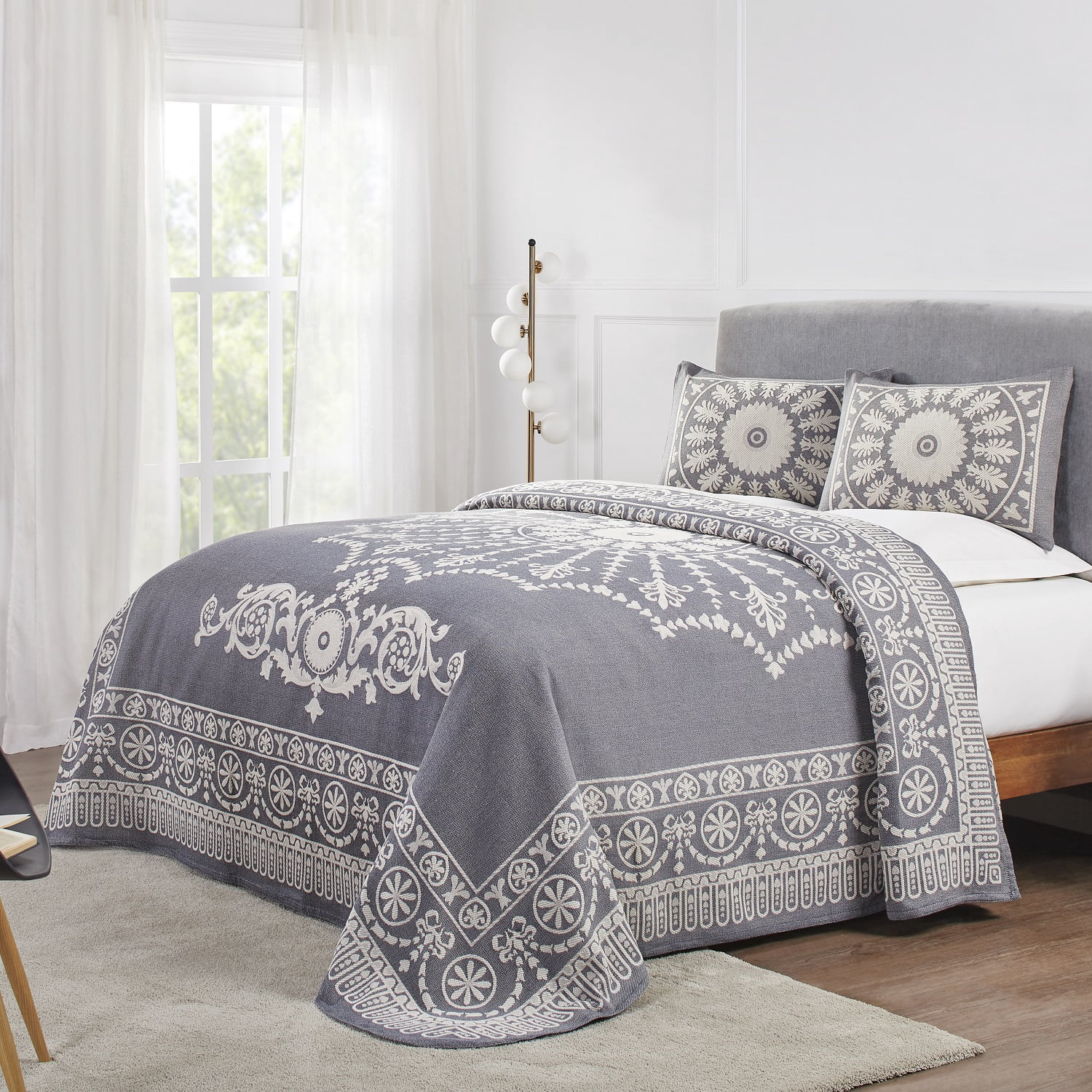 BNM Cotton Blend Classic Medallion Bedspread Set, Full, Denim Blue ...