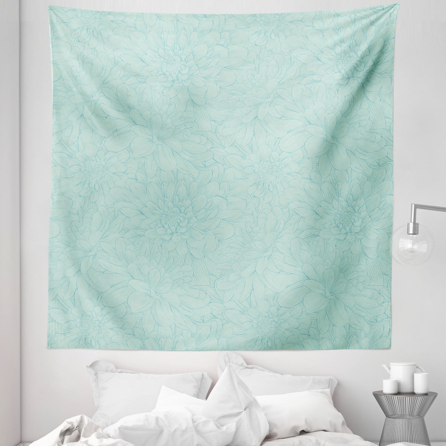 Turquoise Tapestry, Dahlia Flowers Bouquet Hand Drawn Style with Brush ...