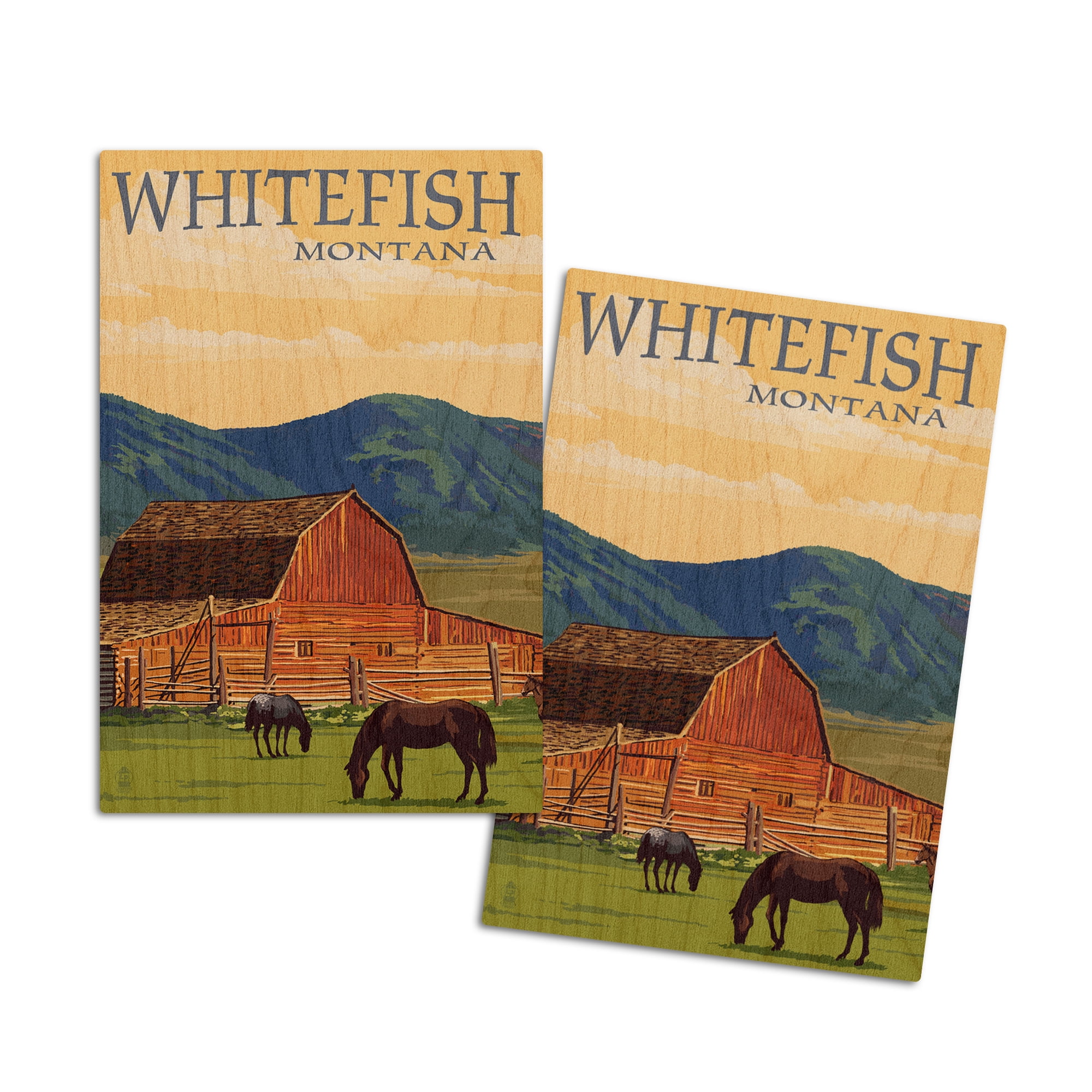 Whitefish, Montana, Red Barn and Horses (4x6 Birch Wood Postcards, 2 ...