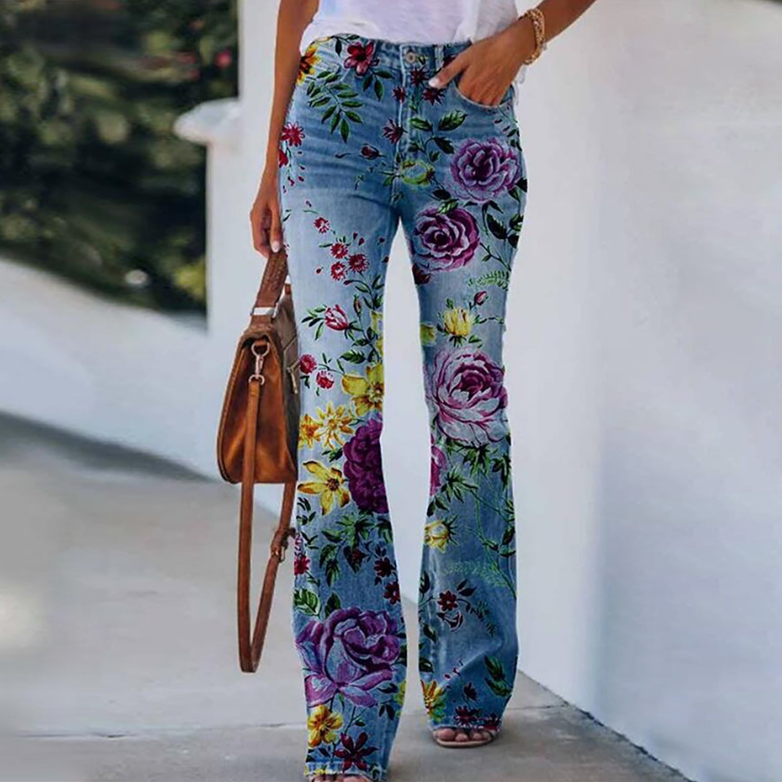 Qwang Womens High Waist Flare Bell Bottom Jeans Pants Stretch Retro