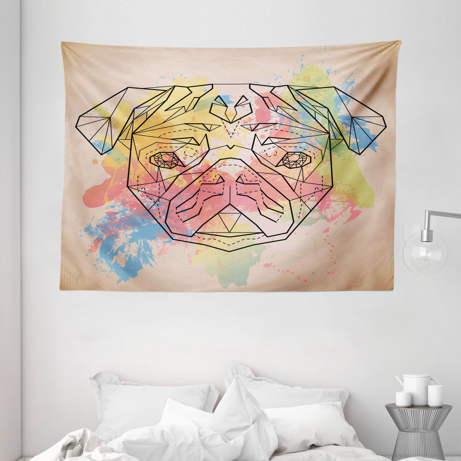 Pug Tapestry, Vibrant Colored Background with Color Splashes and Line ...