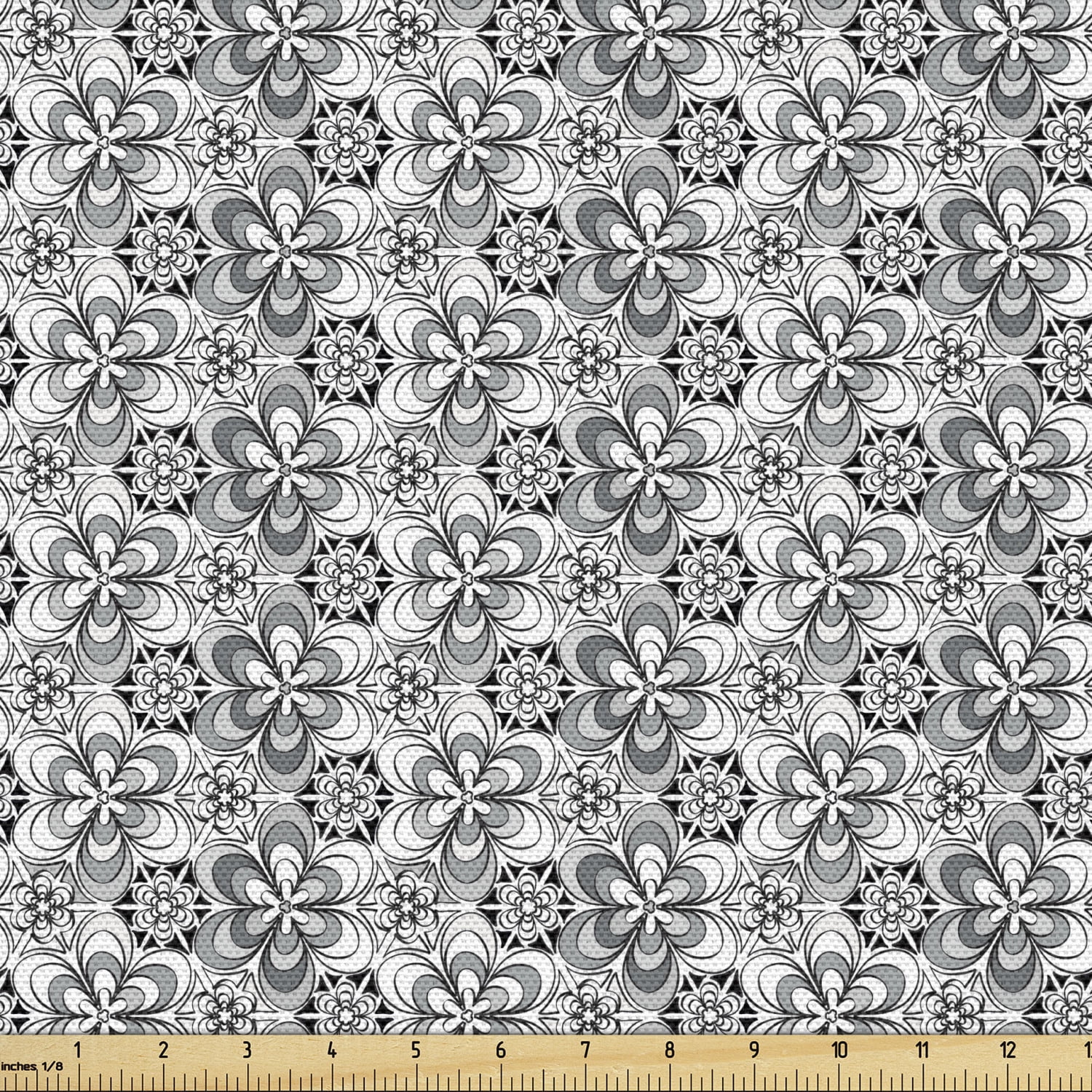 Black Grey Fabric by the Yard, Blossoming Flowers Pattern Simplistic ...