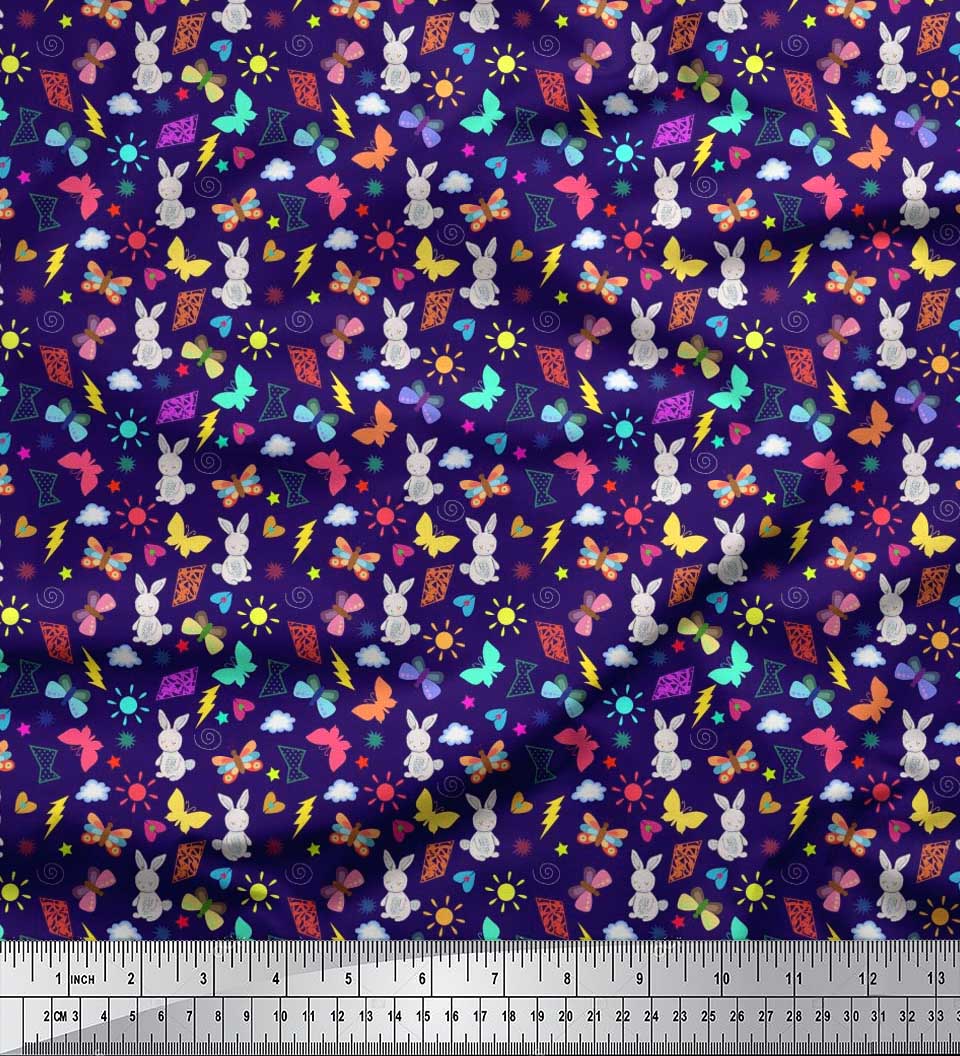 Soimoi Blue Polyester Crepe Fabric Sun,Insect & Rabbit Cartoon Printed ...