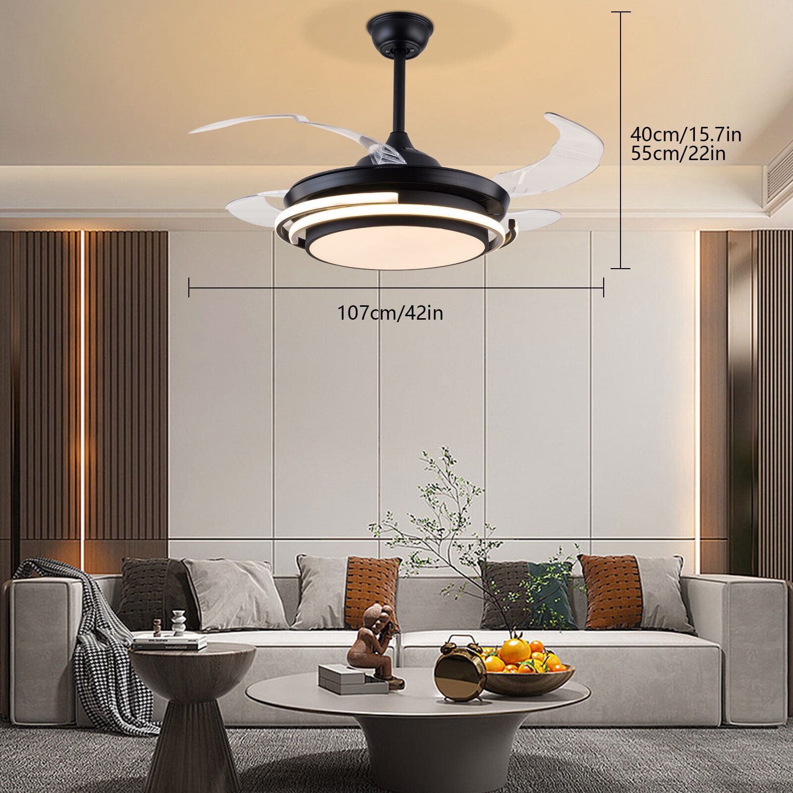 42" Modern Ceiling Fan Light Smart LED 3-Color Living Room Invisible ...