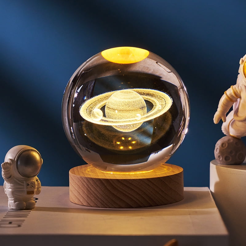 3D Planet Crystal Ball,with Wooden Base,3D Crystal LED Night Light ...