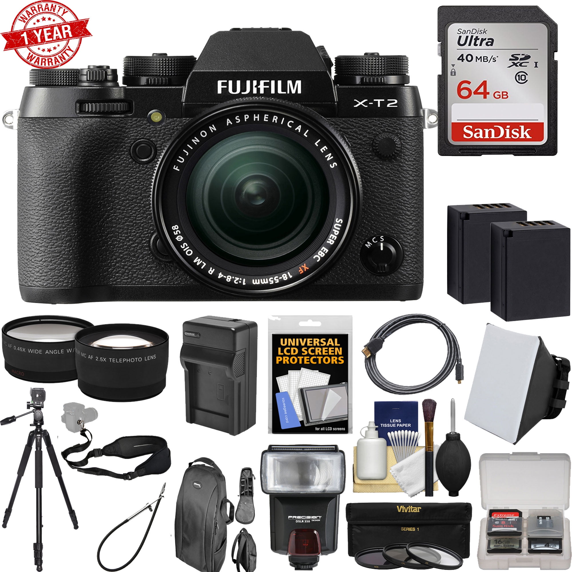 Fujifilm X-T2 4K Wi-Fi Digital Camera & 18-55mm XF Lens with 64GB Card ...
