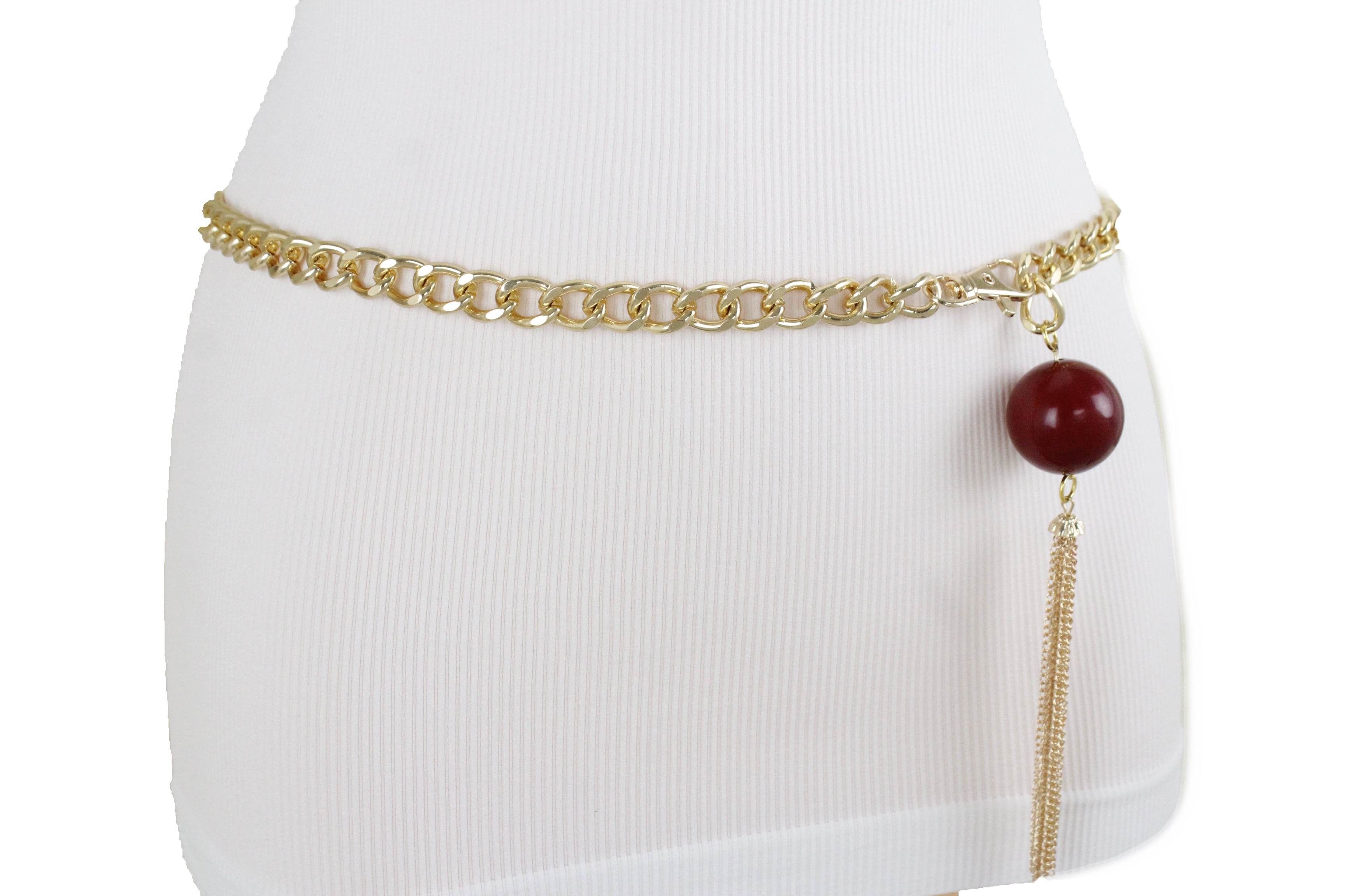Women Gold Metal Chain Skinny Band Tassel Fringe Red Ball Charm Belt ...