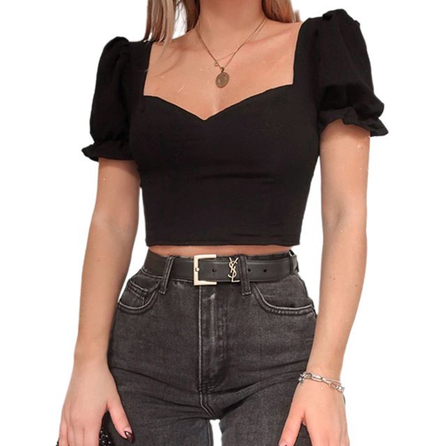 SAYOO Women's Sexy Camisoles Short Top, Puff Sleeve Slim Fit Square ...