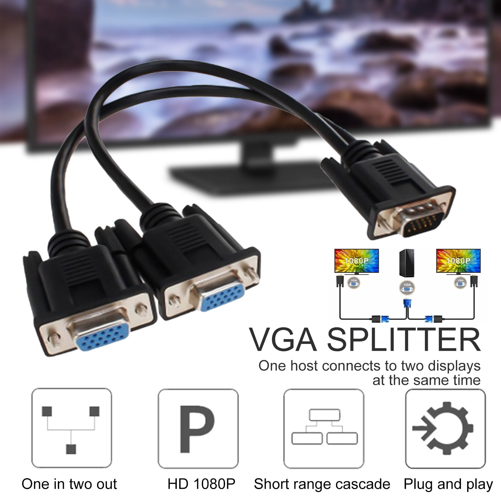 BetterZ Mini 1 Computer to Dual 2 Monitor Adapter Male to Female VGA ...
