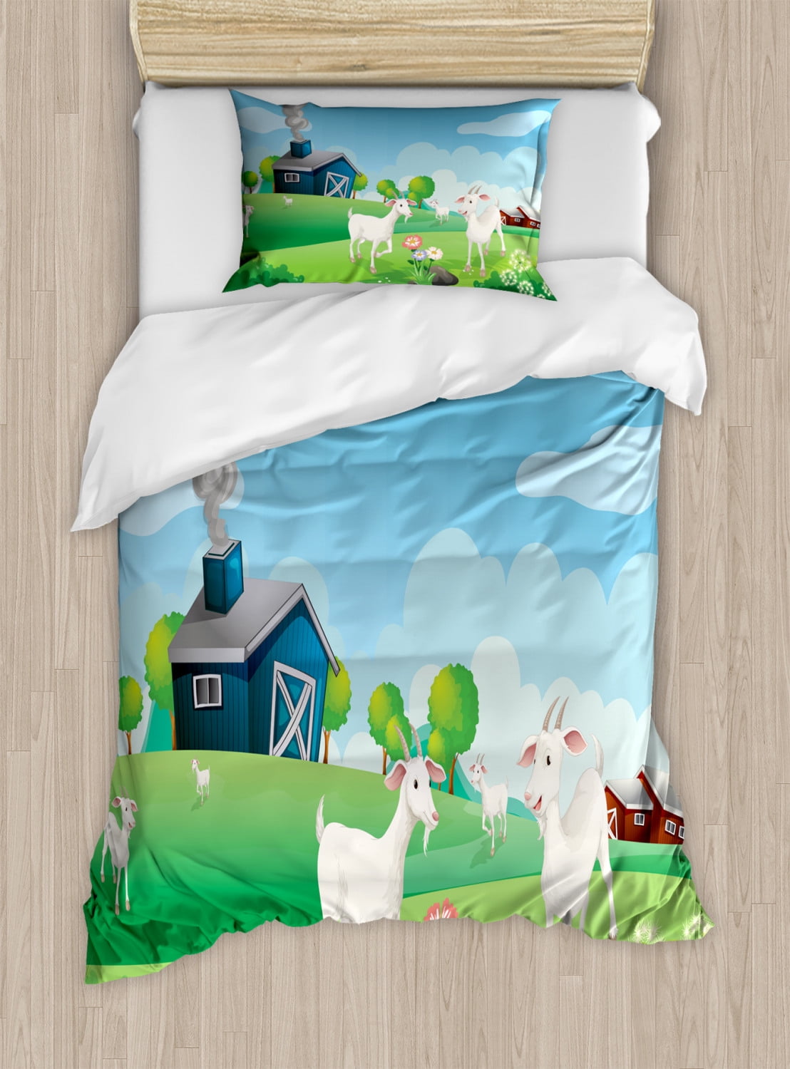 Farmhouse Duvet Cover Set Twin Size, Pleasant Farm Life Illustration ...