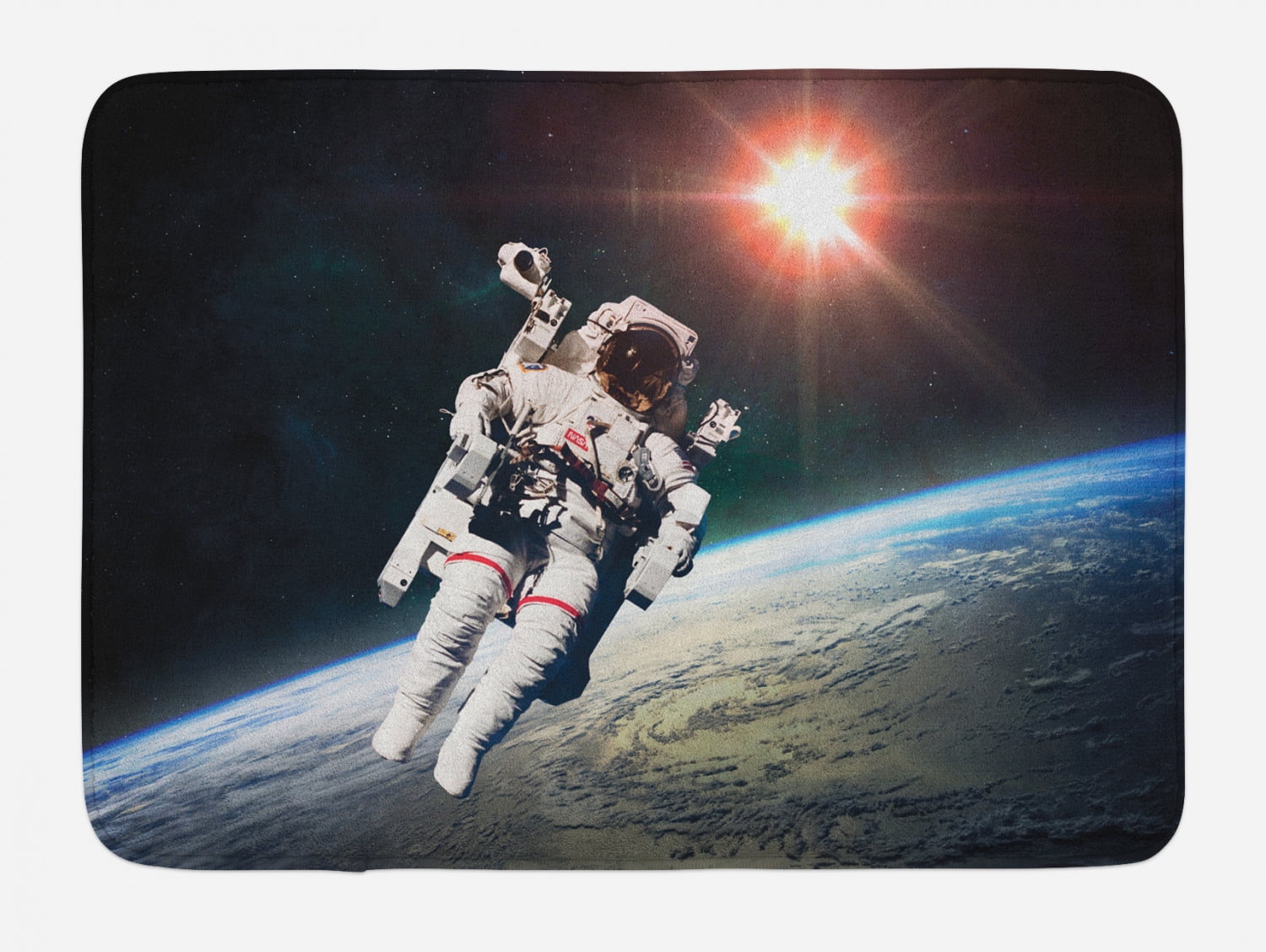 Galaxy Bath Mat, Astronaut Man Floating over Earth with Powerful Sun ...